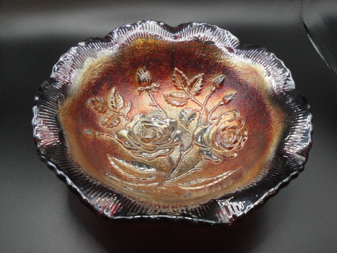 Vintage IMPERIAL LUSTRE ROSE Red Iridized Carnival Glass Fruit Bowl ...