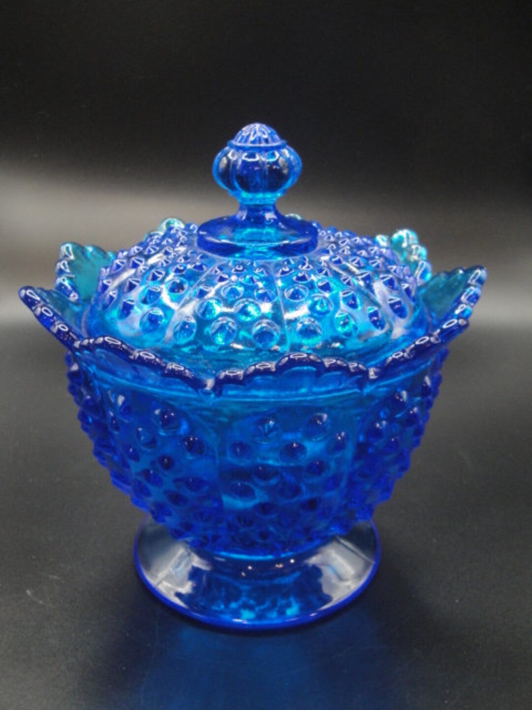 Vintage Fenton Hobnail Colonial Blue Glass Pedestal Covered Candy Dish ...