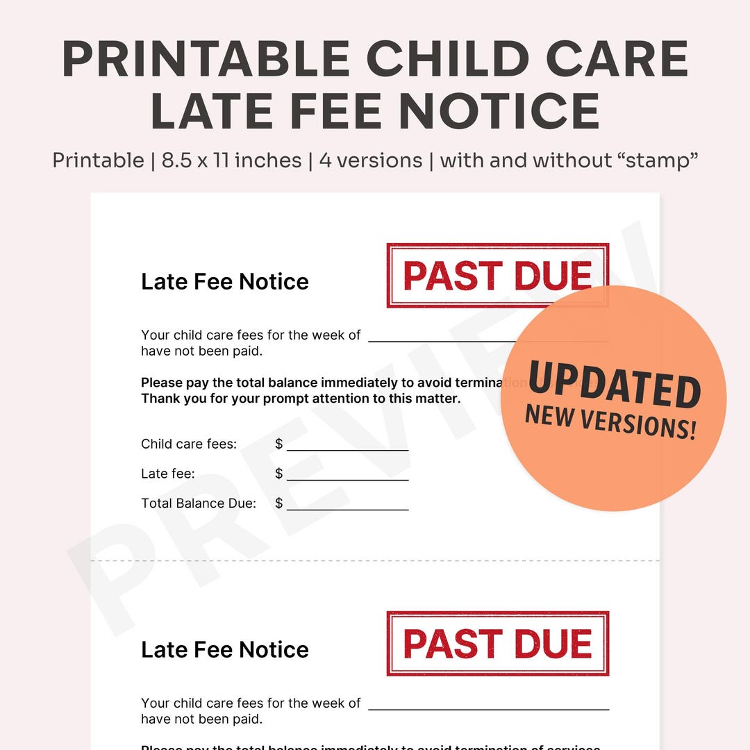 Printable Child Care Late Fee Notice / Printable Daycare Form / PDF File / 8.5 X 11 Inches - Etsy