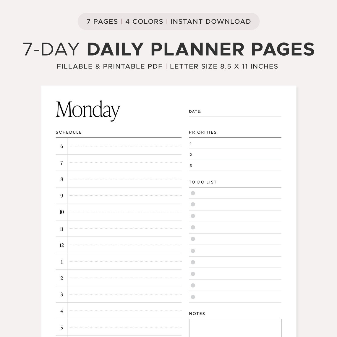 7 Day Daily Printable Planner Pages Minimalist Printable Planner ...