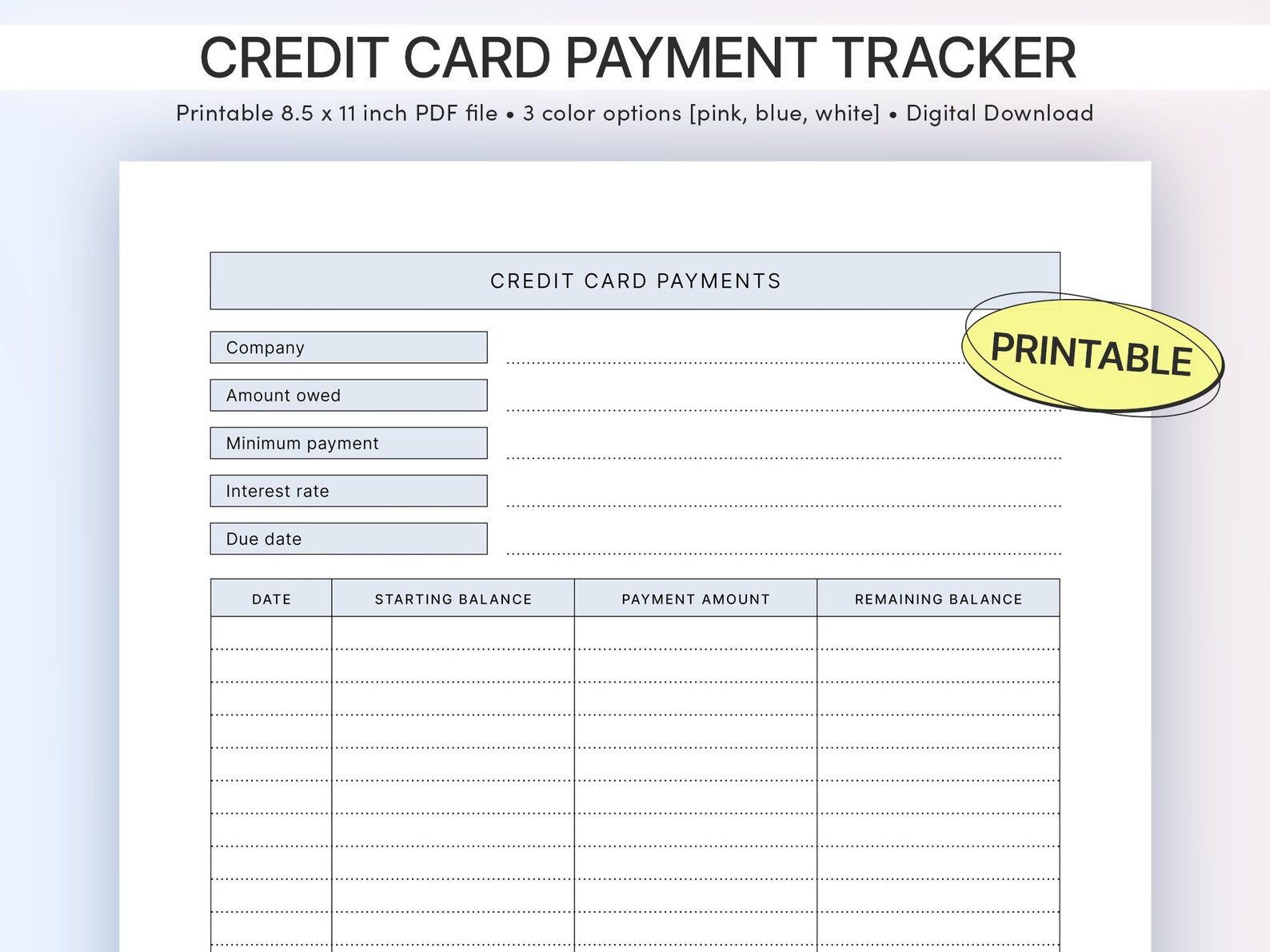 Printable Credit Card Payment Tracker / Printable Debt Tracker / PDF ... Printable Credit Card Payment Tracker / Printable Debt Tracker / PDF ...