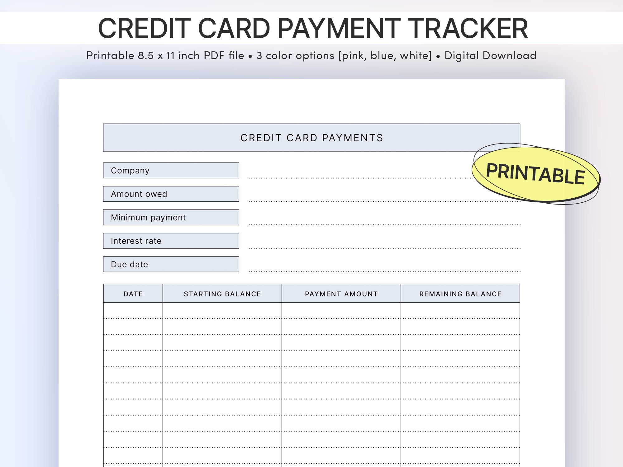 Printable Credit Card Payment Tracker / Printable Debt Tracker / PDF ...