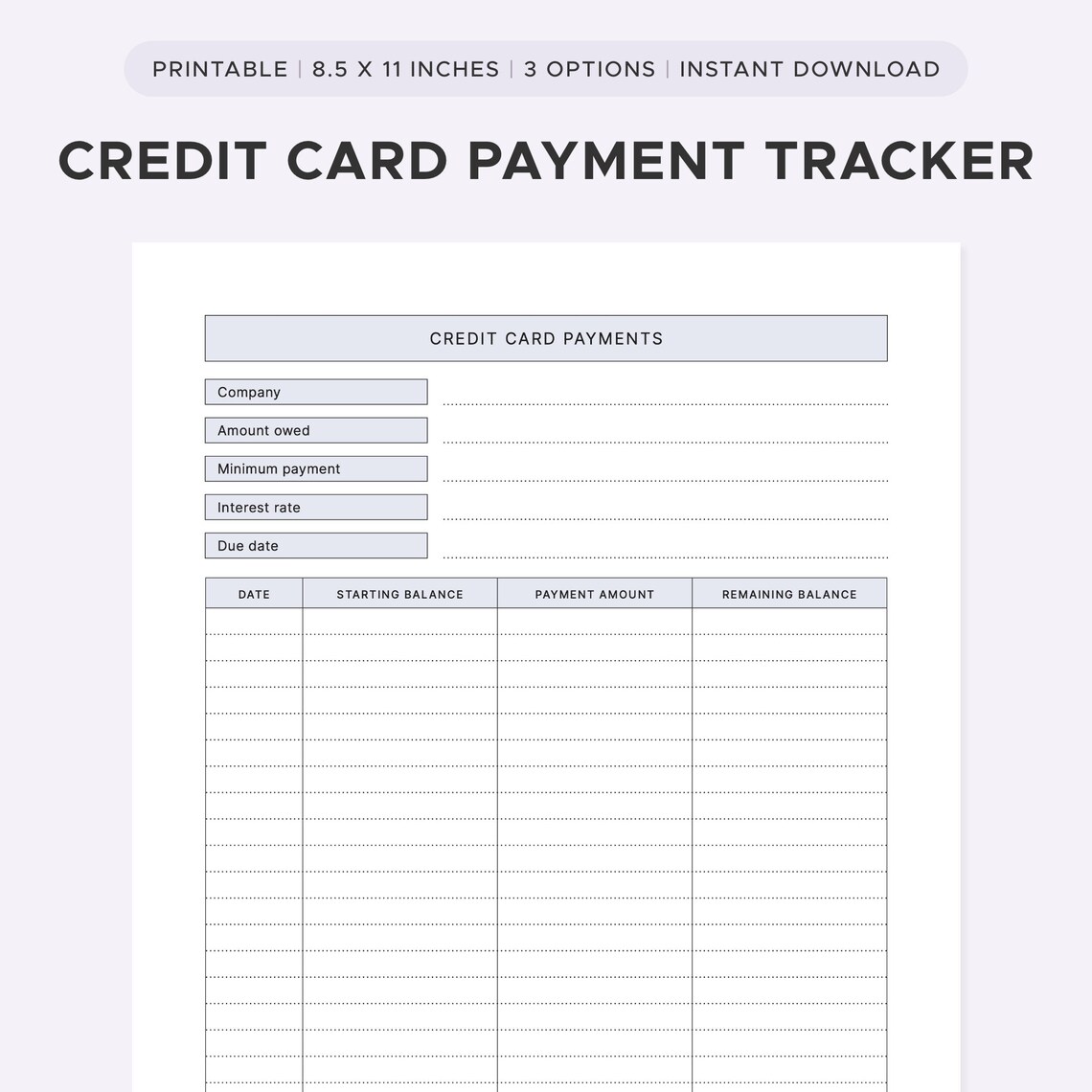 Printable Credit Card Payment Tracker | Printable Debt Tracker | Blue ...