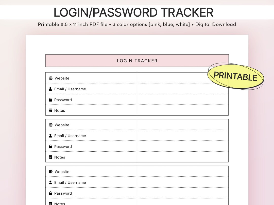 Printable Password Tracker / Login Tracker / PDF File / 8.5 X 11 Inches ...