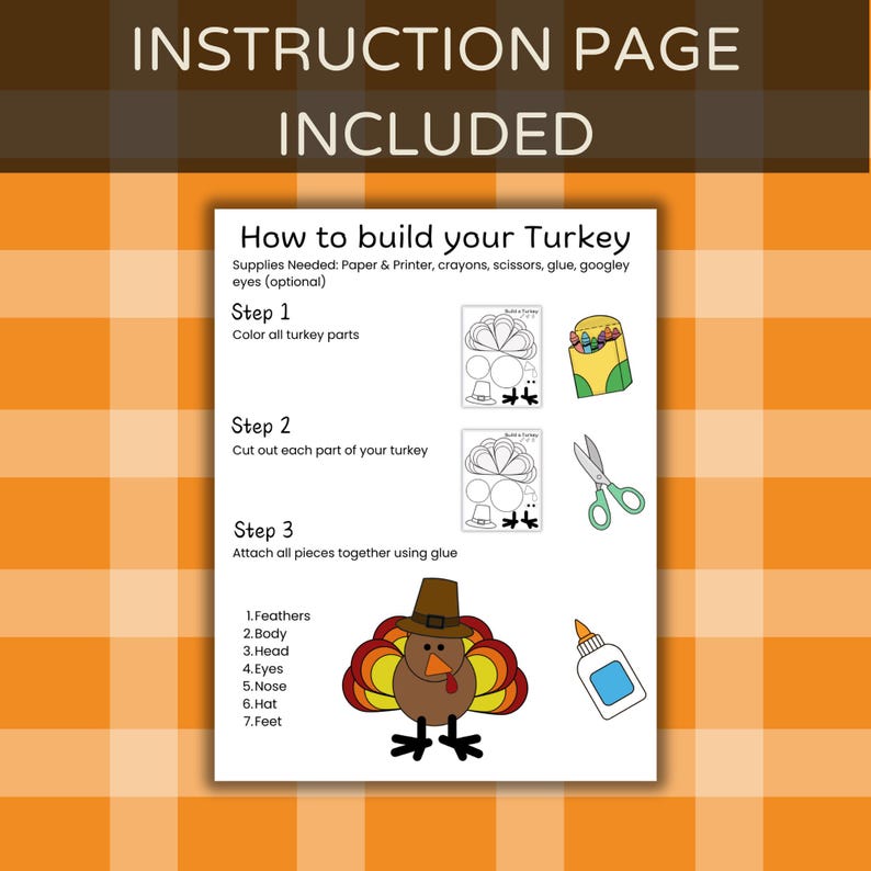 Kids Cut and Paste Turkey Craft, Thanksgiving Kids Craft, Build a ...