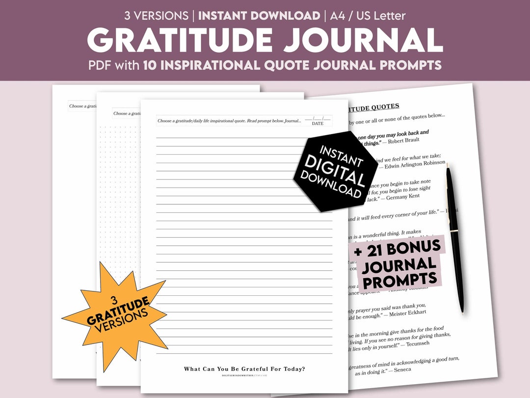 GRATITUDE Guided Journal Prompts, Printable, 10 Inspirational Quotes ...