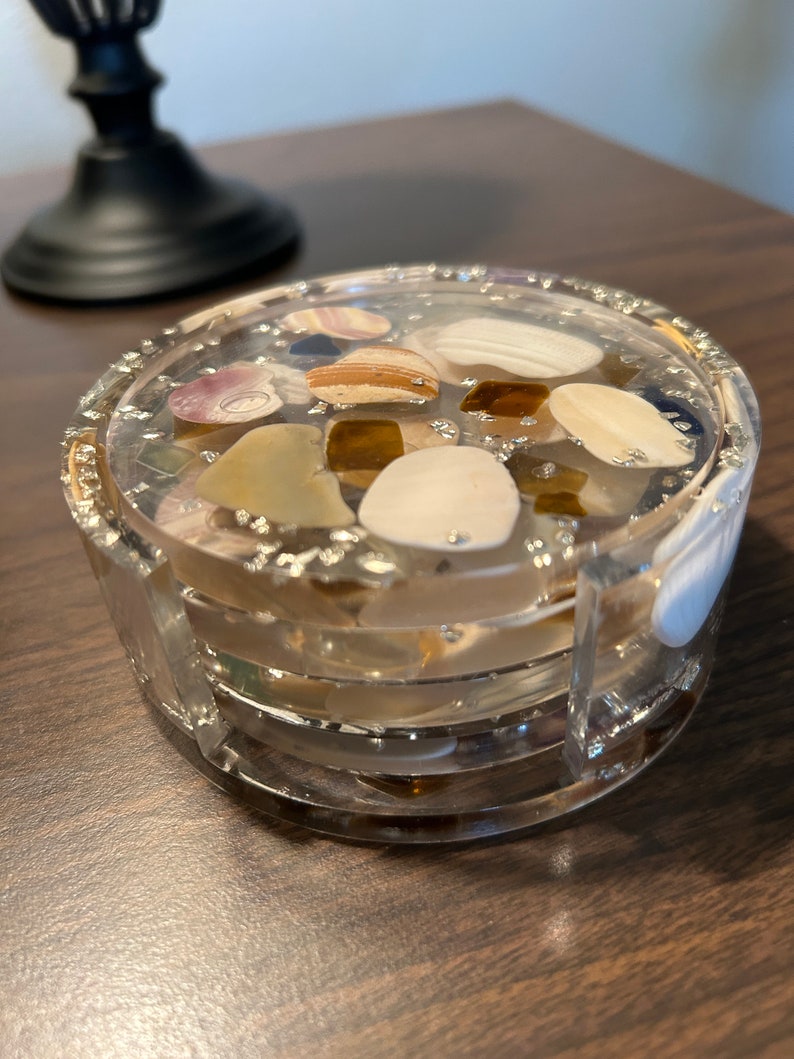 Seashell Coasters With Sea Glass and Glitter Set of 4 With Holder - Etsy