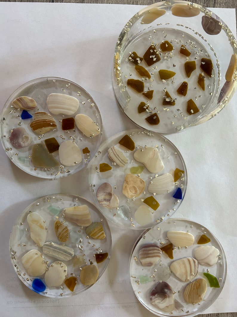 Seashell Coasters With Sea Glass and Glitter Set of 4 With Holder - Etsy