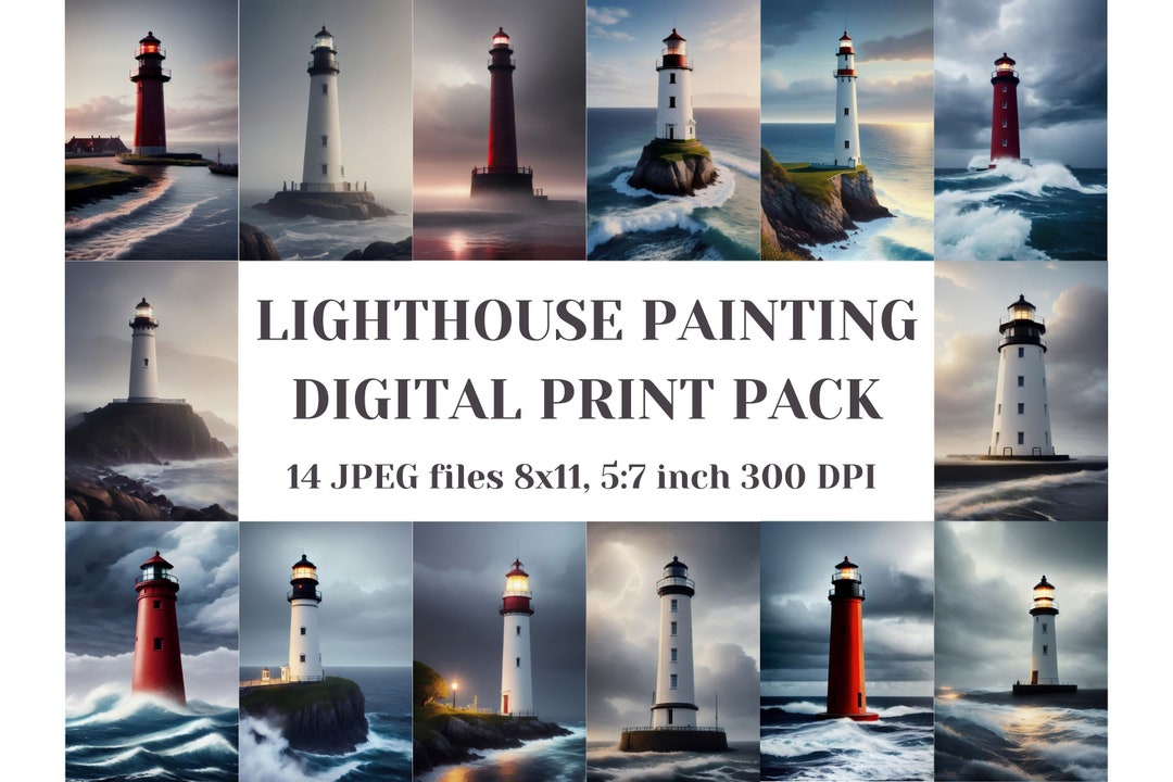 Lighthouse Painting Digital Print, Vintage Lighthouses, Seascape Print ...