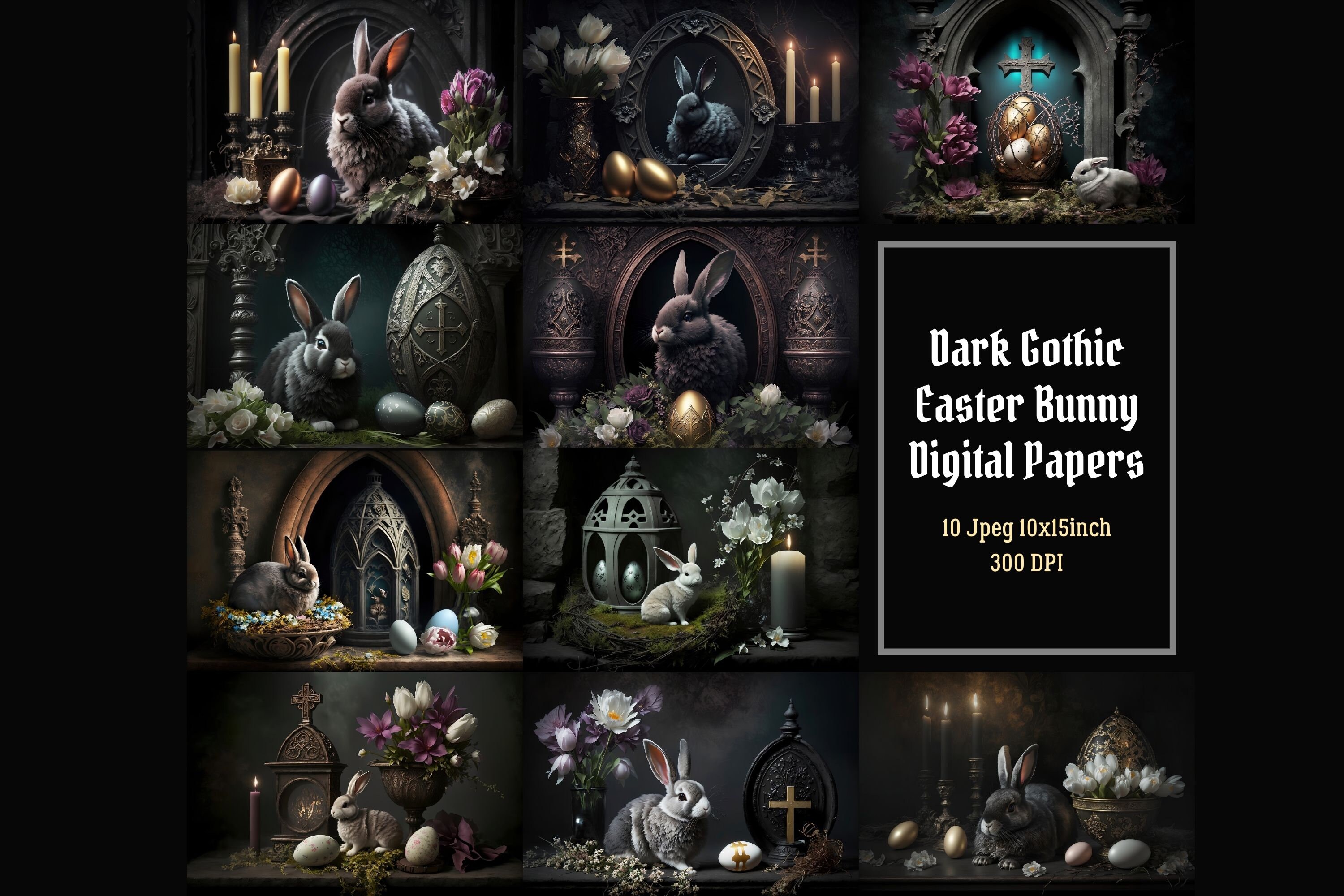 Dark Gothic Easter Bunny Digital Papers Pack, Easter Wall Art, Goth ...