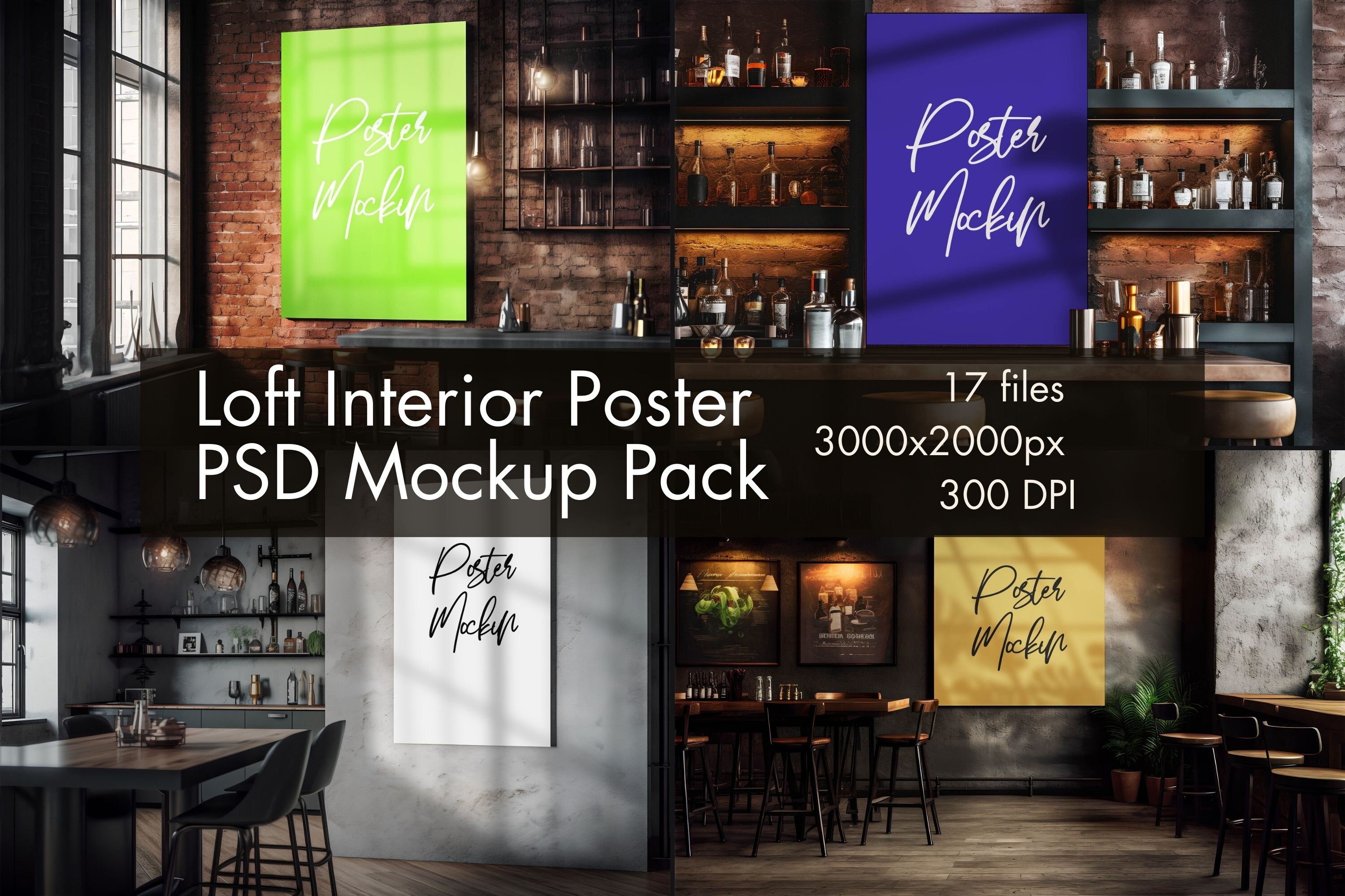 Loft Interior Poster Mockup, Poster Mockup Bundle, Bar Interior Wall ...