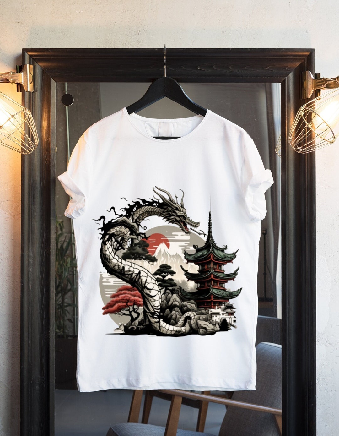 Retro Japanese Graphic Tee, Street Art Dragon and Pagoda Graphic Tee ...