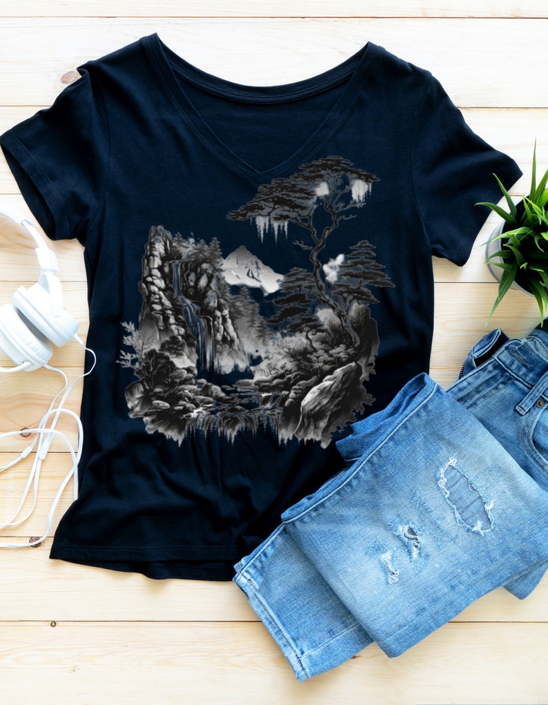 Japanese Waterfall T-shirt, Black and White Japanese Scenery Tee ...