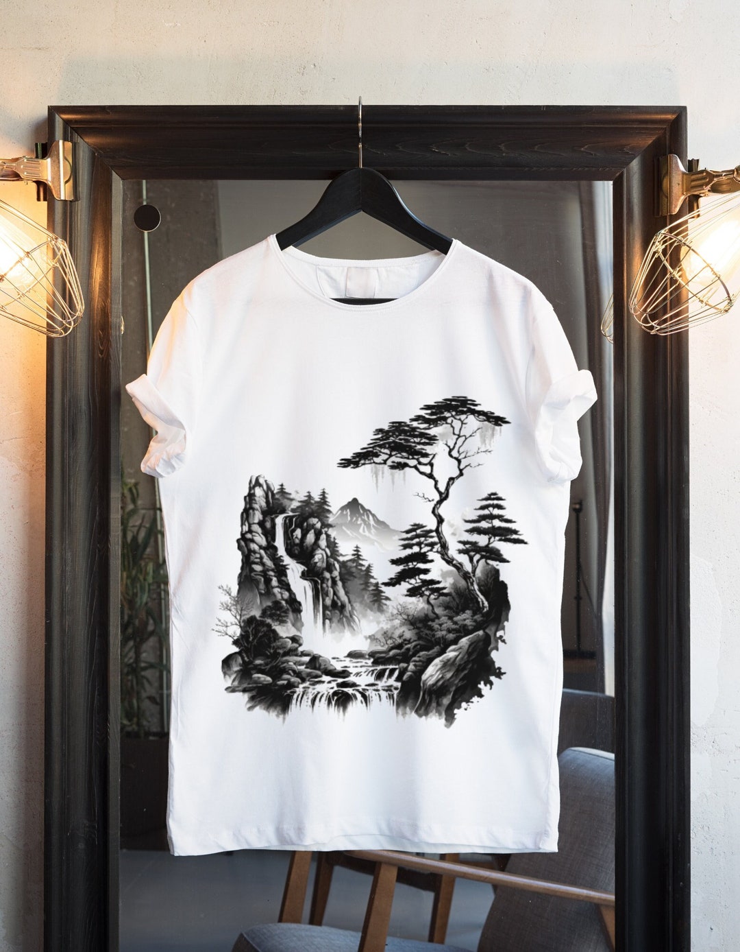 Japanese Waterfall T-shirt, Black and White Japanese Scenery Tee ...