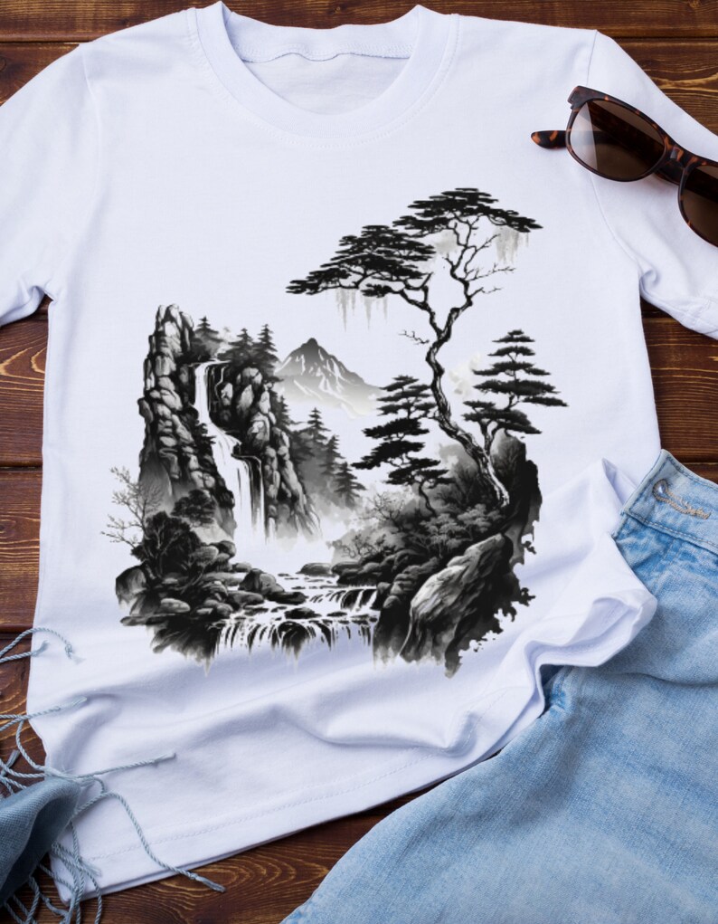 Japanese Waterfall T-shirt, Black and White Japanese Scenery Tee ...