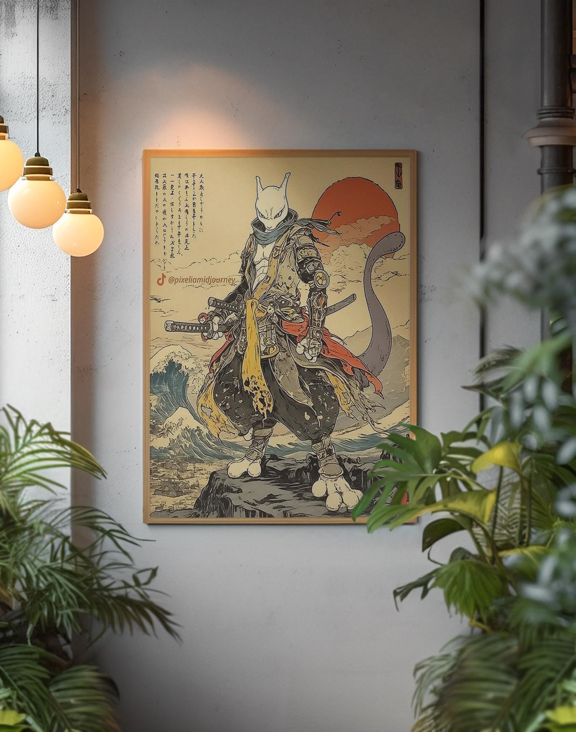 Mewtwo Vintage Poster, Pokemon Samurai Print, Gift for Gamer Lover's ...