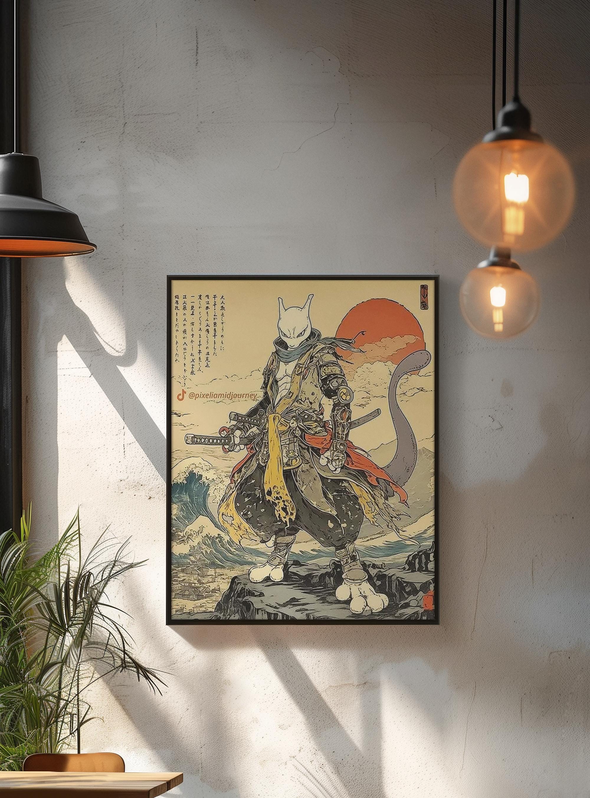Mewtwo Vintage Poster, Pokemon Samurai Print, Gift for Gamer Lover's ...