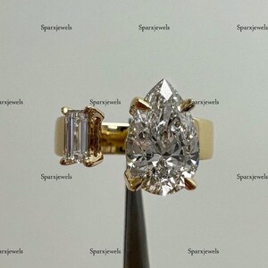 Pear & Baguette Moissanite Ring Two Stone Moissanite Toi Et Moi Engagement Ring 2.30 CTW Pear ...