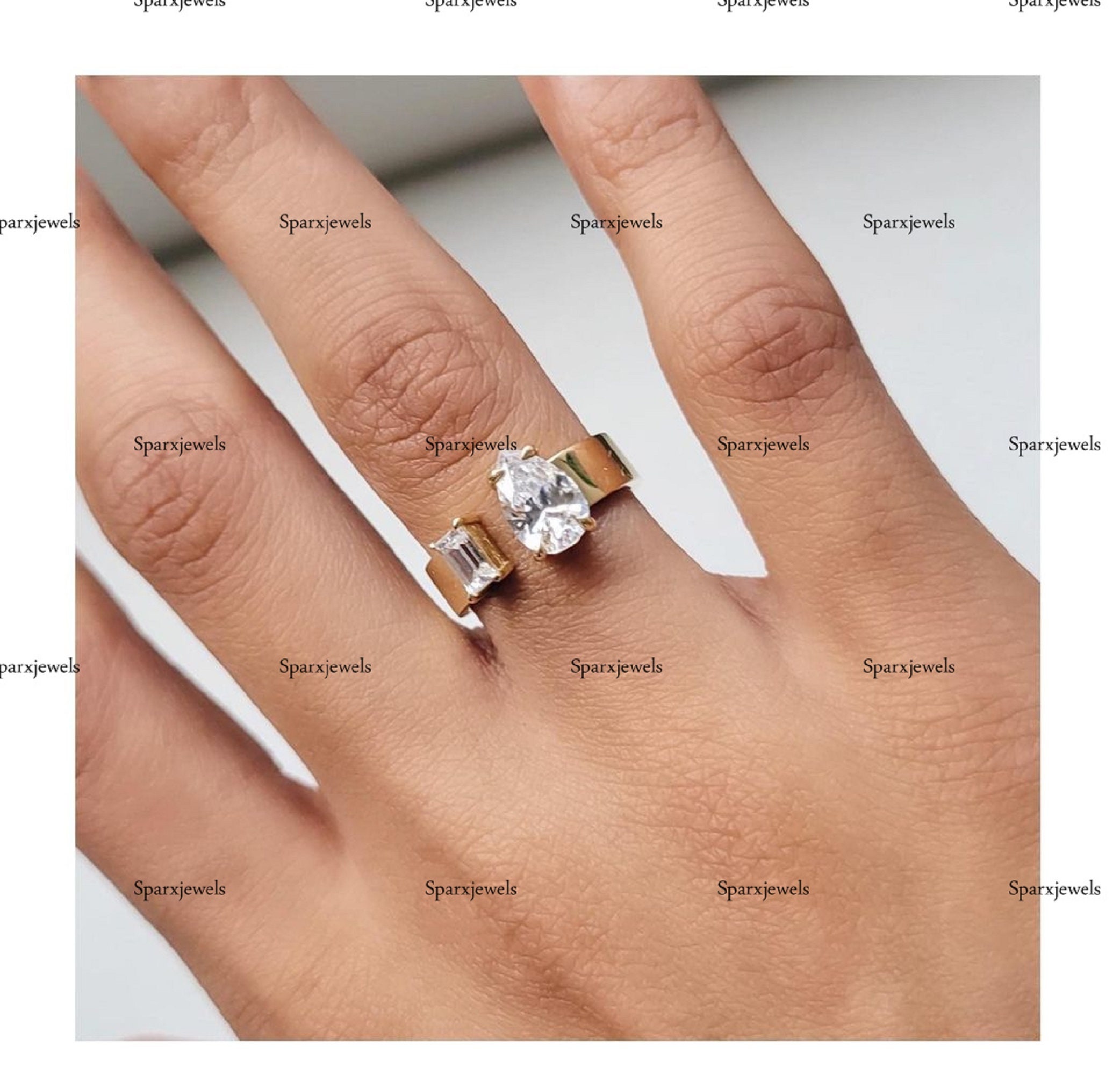 Pear & Baguette Moissanite Ring Two Stone Moissanite Toi Et Moi Engagement Ring 2.30 CTW Pear ...