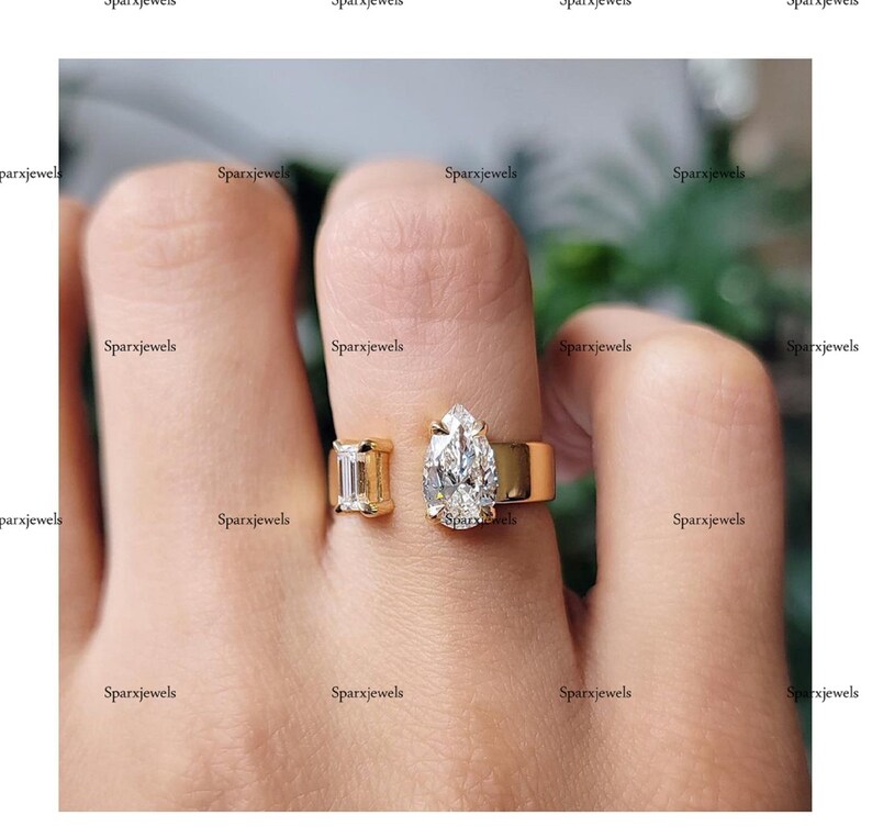 Pear & Baguette Moissanite Ring Two Stone Moissanite Toi Et Moi Engagement Ring 2.30 CTW Pear ...