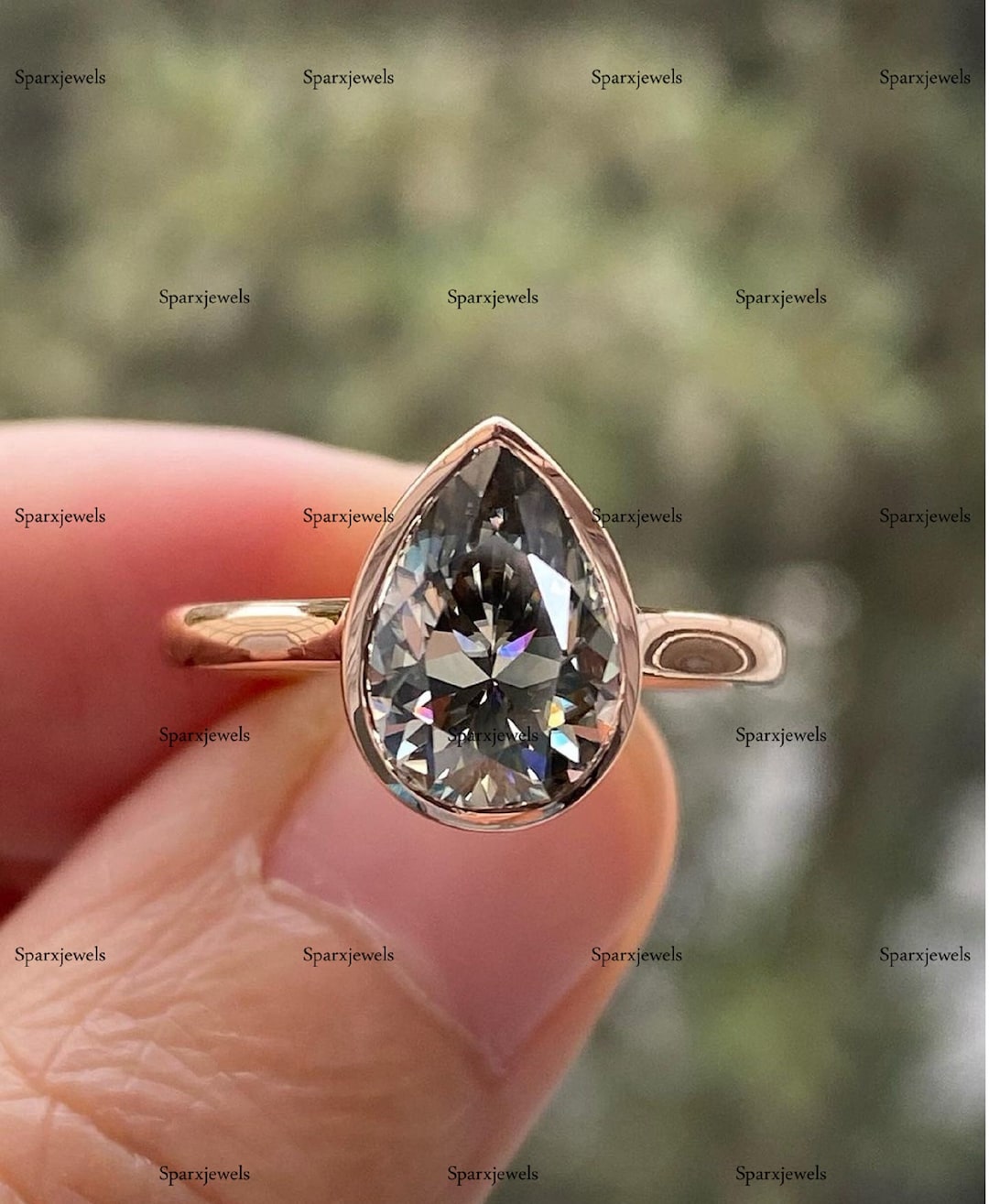 Bezel Set Gray Moissanite Ring Solitaire Pear Moissanite Ring 3.00 Ct ...