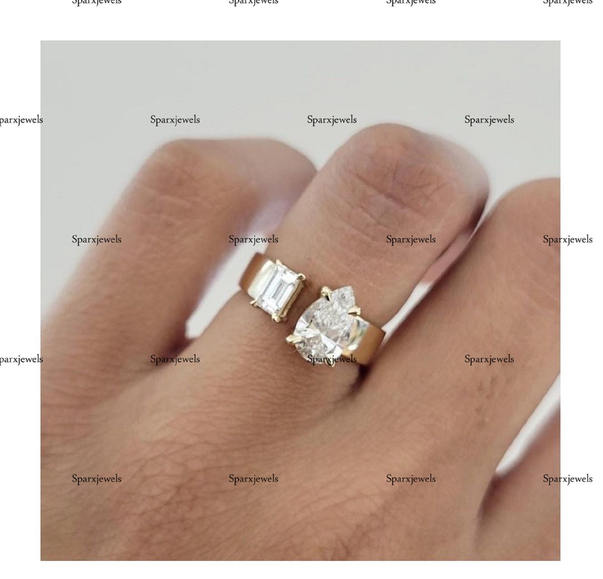 Pear & Baguette Moissanite Ring Two Stone Moissanite Toi Et Moi Engagement Ring 2.30 CTW Pear ...