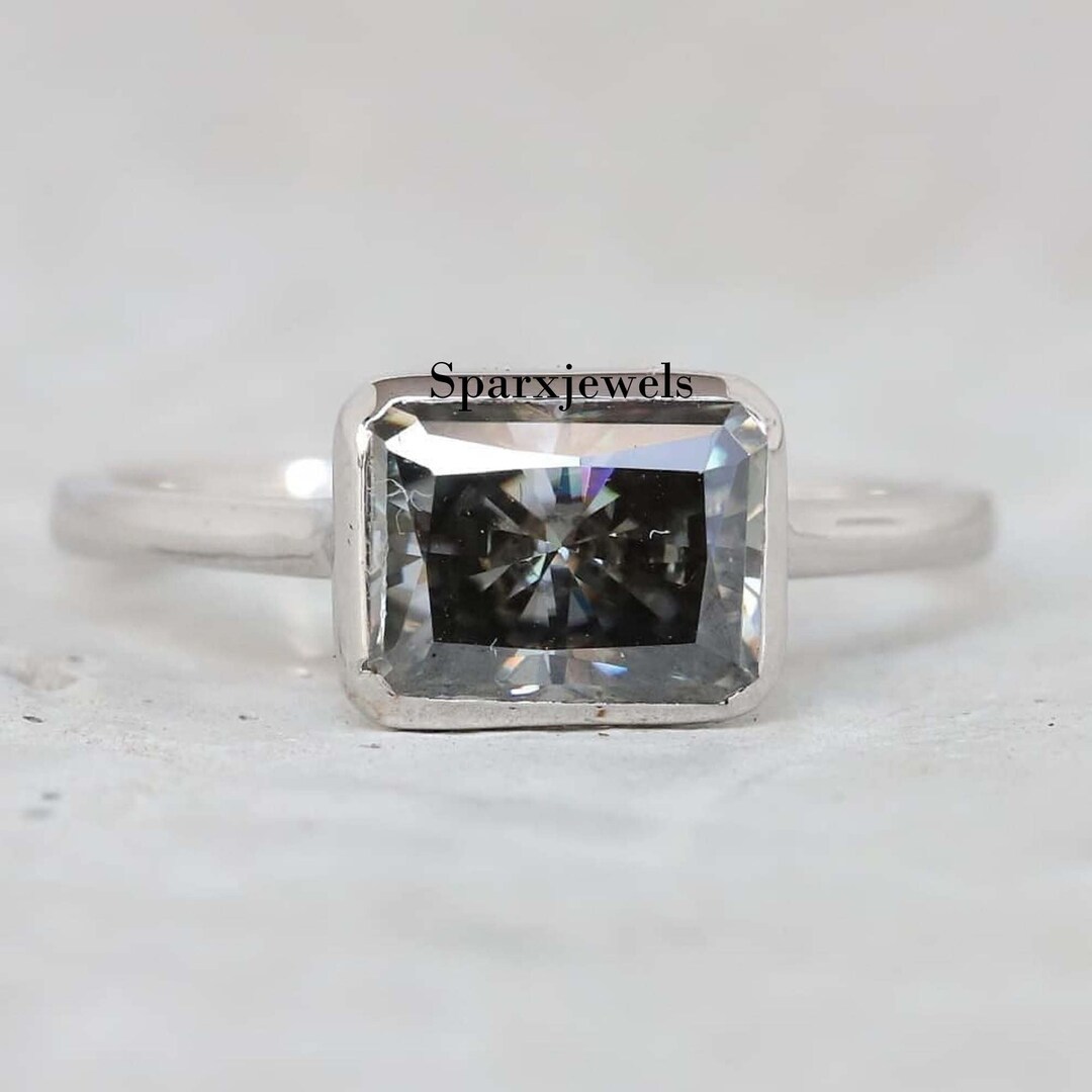 East West Dark Gray Moissanite Ring Bezel Set Engagement Ring 1.67 Ct ...