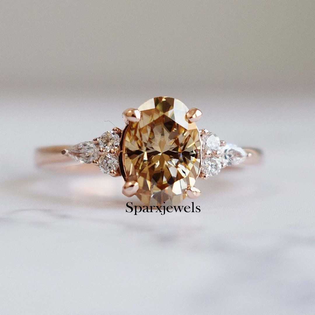 Oval Champagne Moissanite Ring Cluster Engagement Ring 1.75ctw Oval Cut ...
