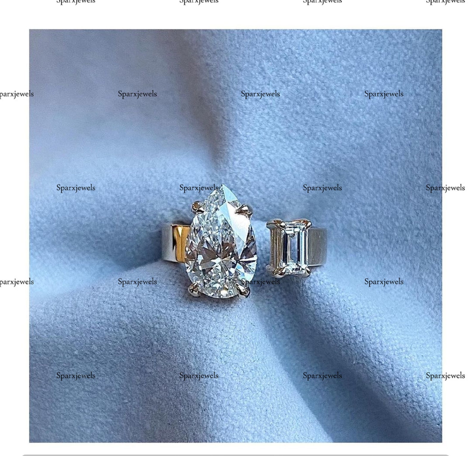 Pear & Baguette Moissanite Ring Two Stone Moissanite Toi Et Moi Engagement Ring 2.30 CTW Pear ...