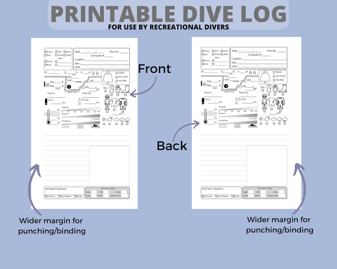 Recreational Scuba Dive Log Book Printable Pages for Half Letter Size ...