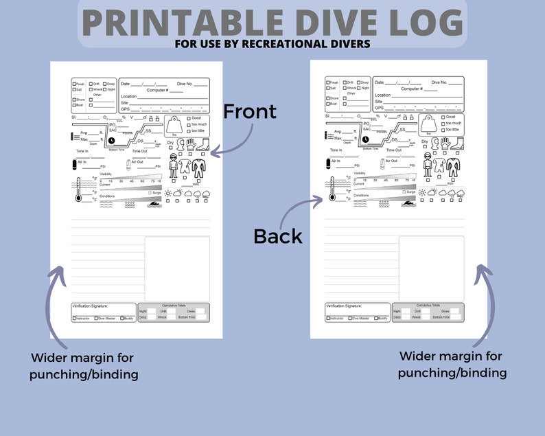 Recreational Scuba Dive Log Book Printable Pages for Half Letter Size ...