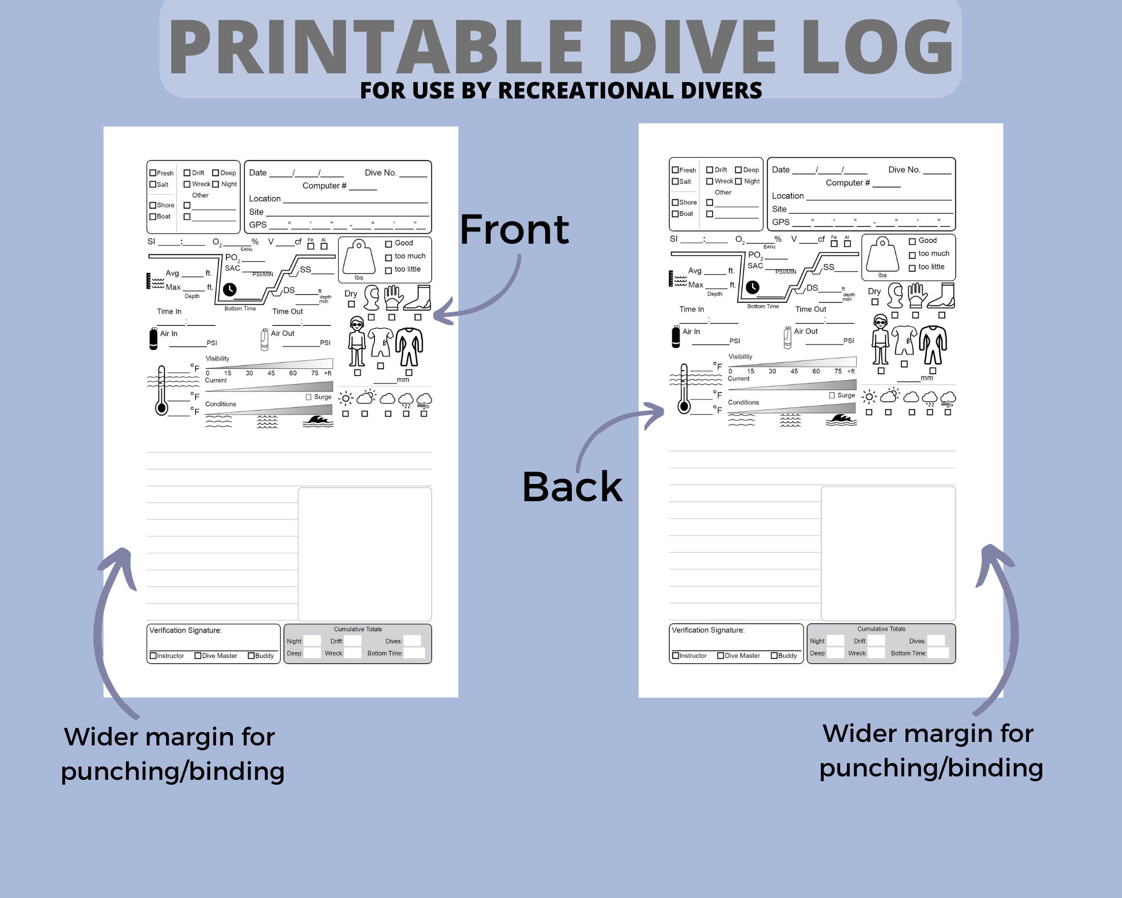 Recreational Scuba Dive Log Book Printable Pages for Half Letter Size Binders, Diving Bucket ...