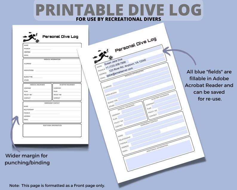Recreational Scuba Dive Log Book Printable Pages for Half Letter Size ...