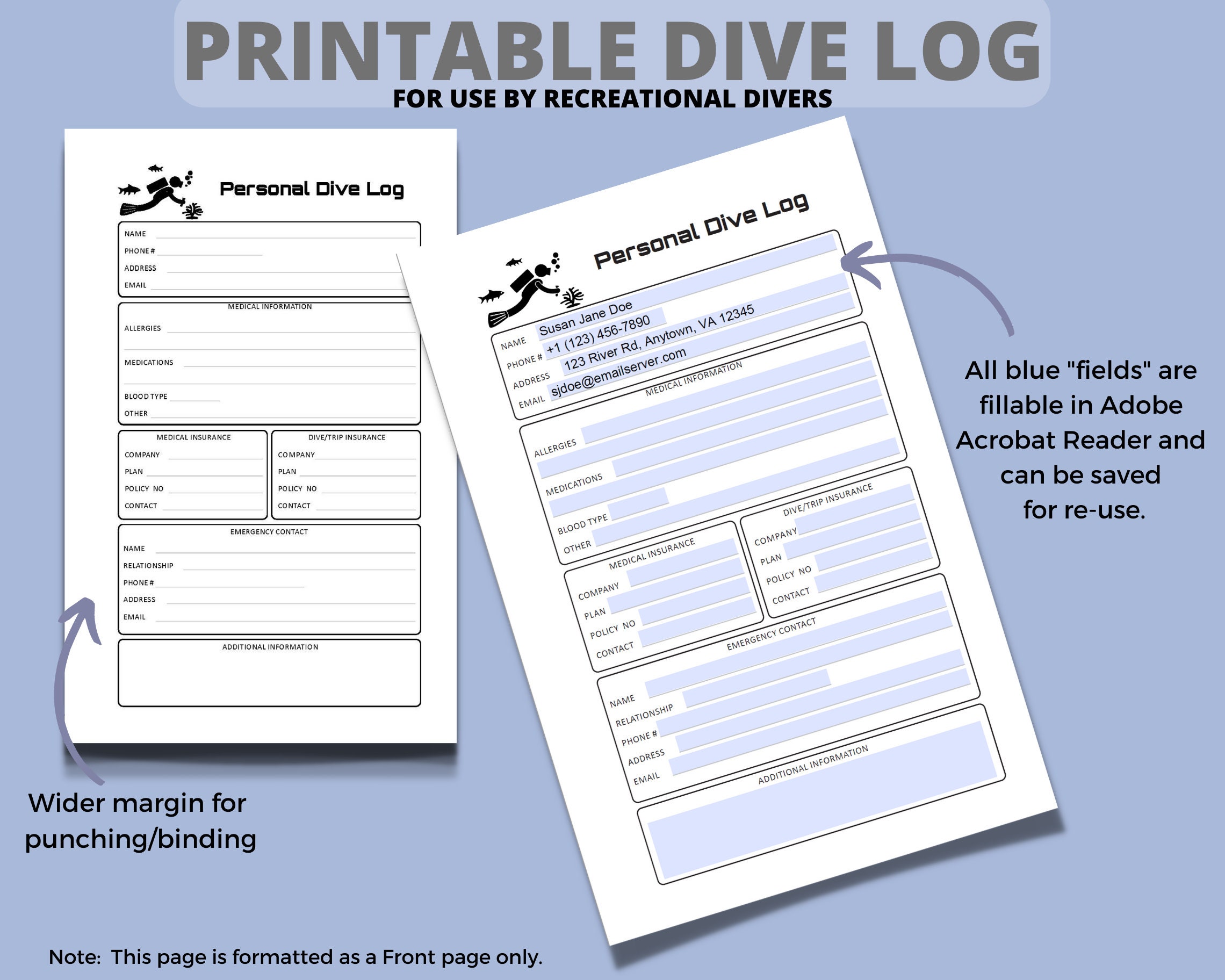 Recreational Scuba Dive Log Book Printable Pages for Half Letter Size ...