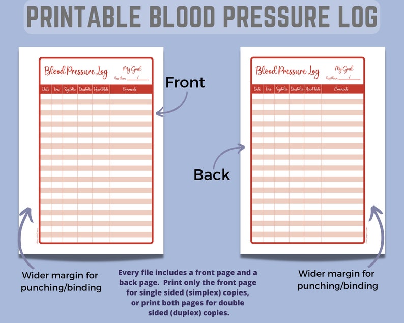 Printable Blood Pressure Tracking Log for A5 Sized Planners, Binders ...