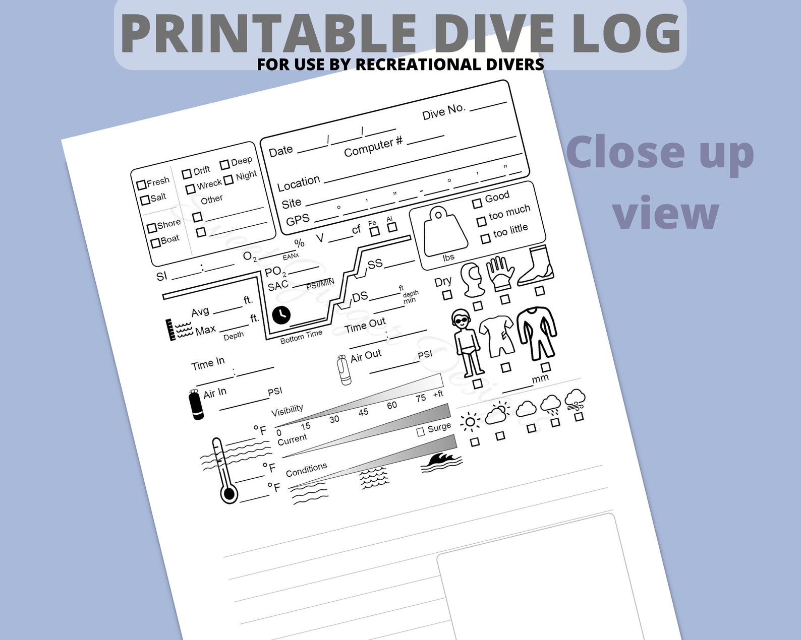 Recreational Scuba Dive Log Book Printable Pages for Half Letter Size ...