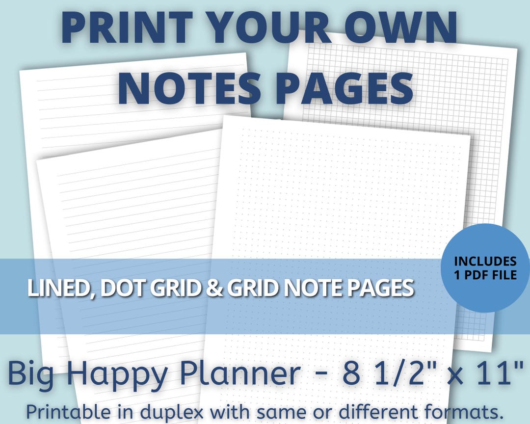 Printable Planner Note Pages: Graph, Dot Grid, Lined (big Happy Planner ...