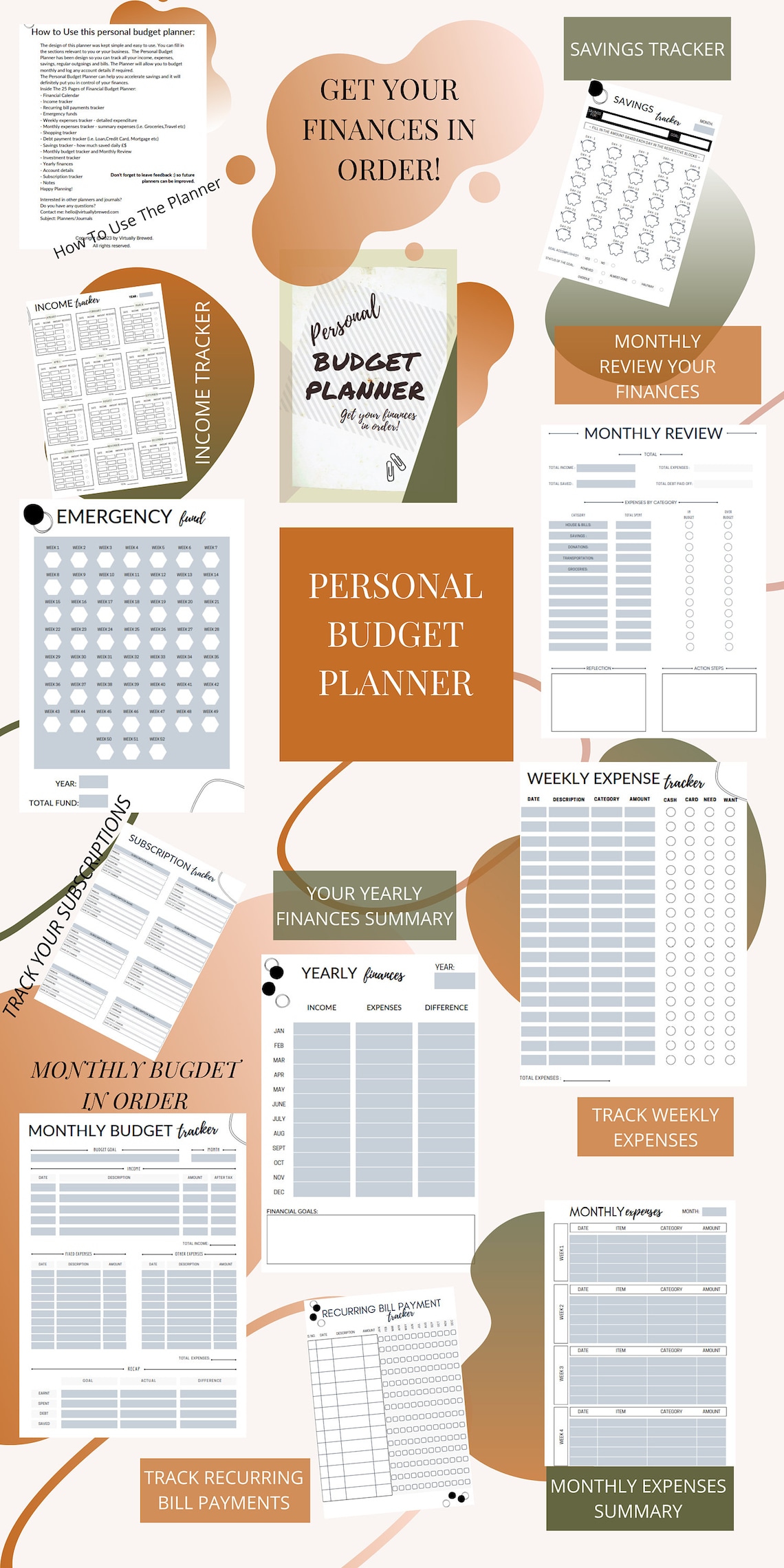 Printable Personal Budget Planner Finance Planner Expense and Income ...