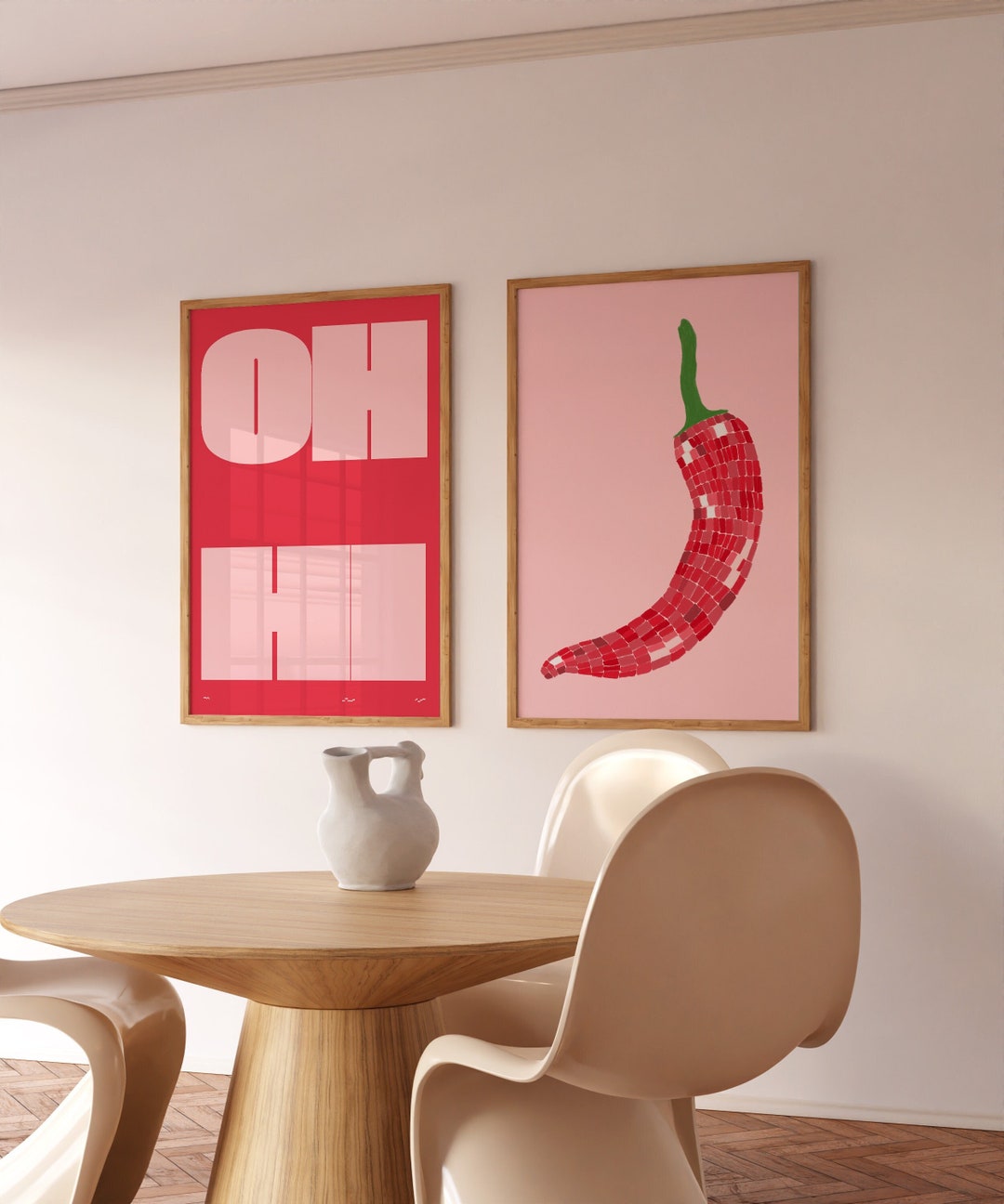 Chilli Oh Hi Typography Set of 2 Art Print, Disco Chili Red Pink Trendy ...