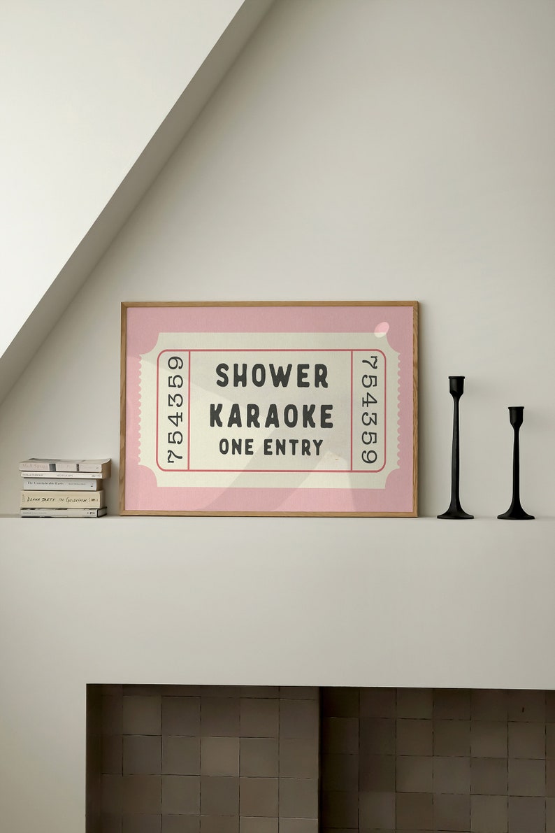 Shower Karaoke Ticket Horizontal Print Bathroom Retro Pink Cream ...