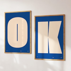 OK Typography Set of 2 Art Print, Blue Trendy Retro Wall Art, Mid ...