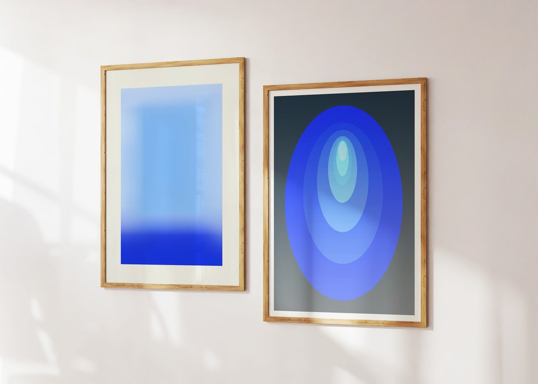 Electric Blue Print Set of 2 Mid Century Modern Abstract Blue Gradient ...