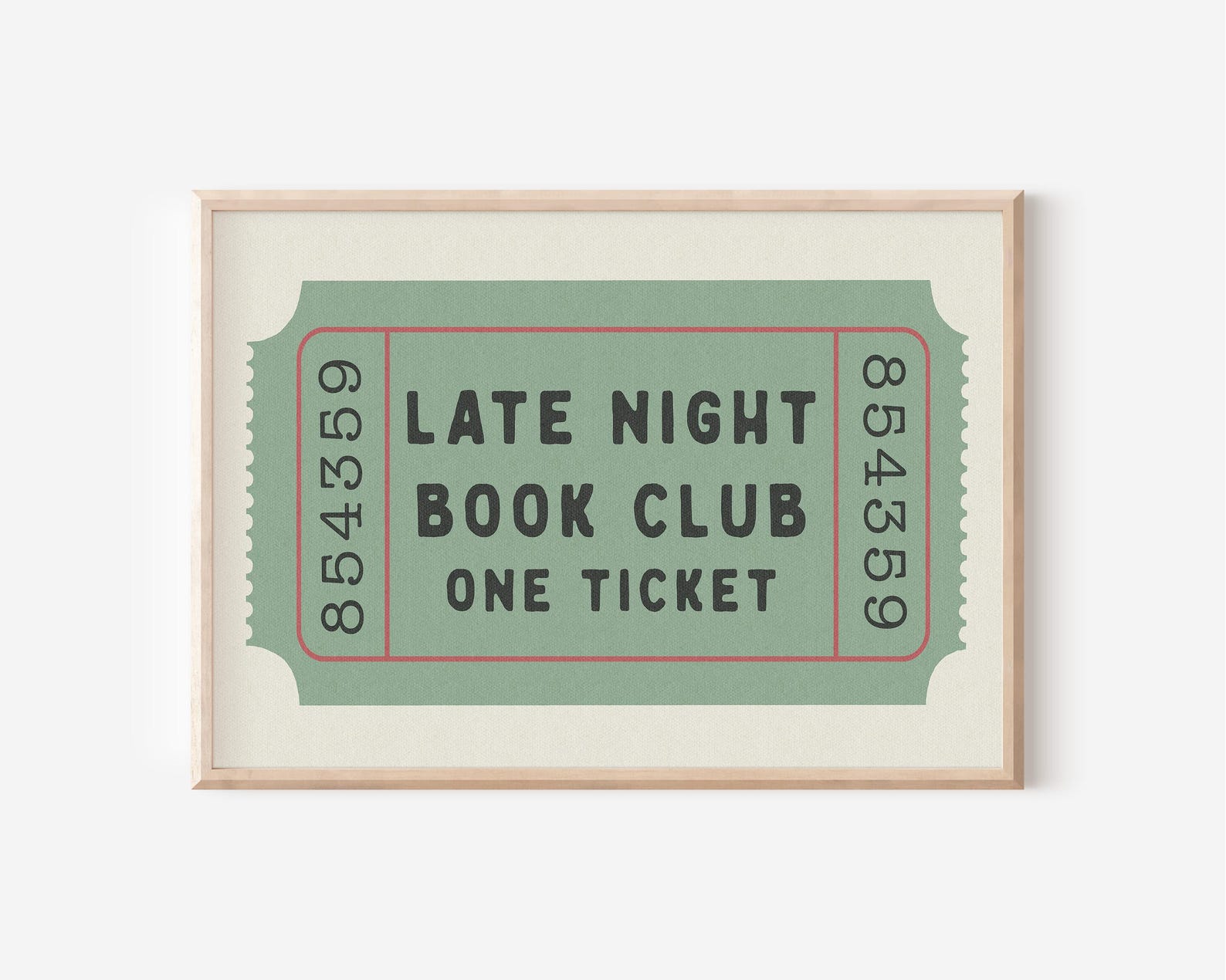 Late Night Book Club Ticket Horizontal Print Green Bedroom Retro ...