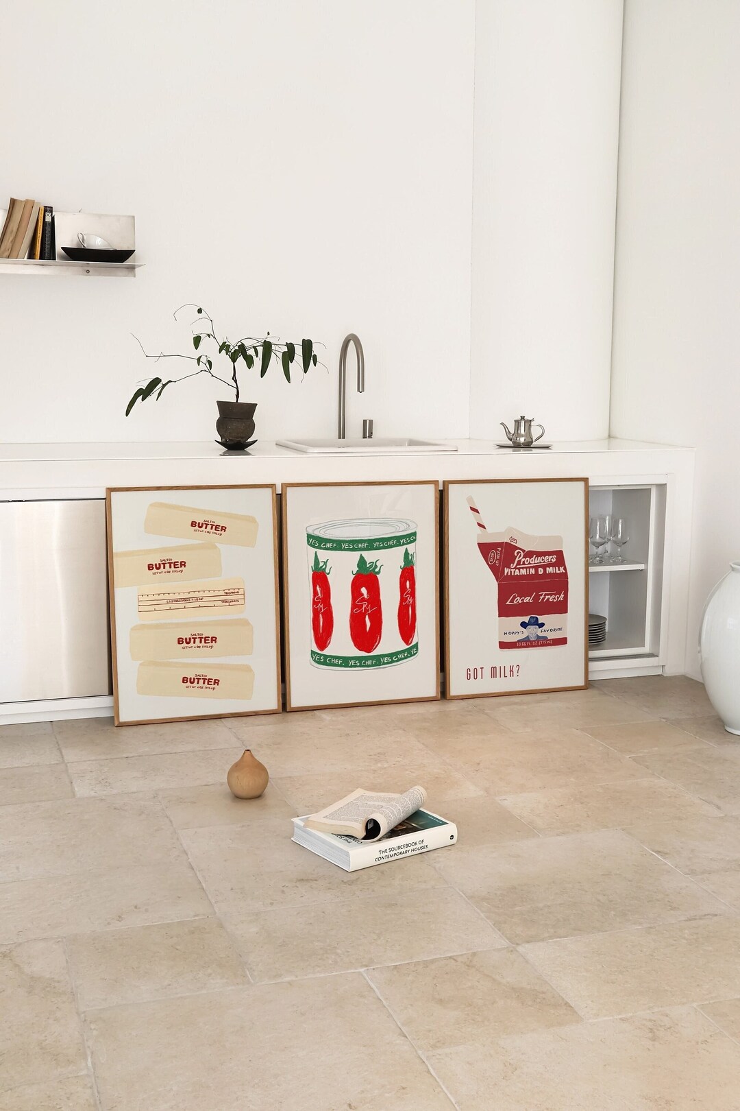 Kitchen Food Print Set of 3, Butter Tomato Milk Poster Trendy Retro ...