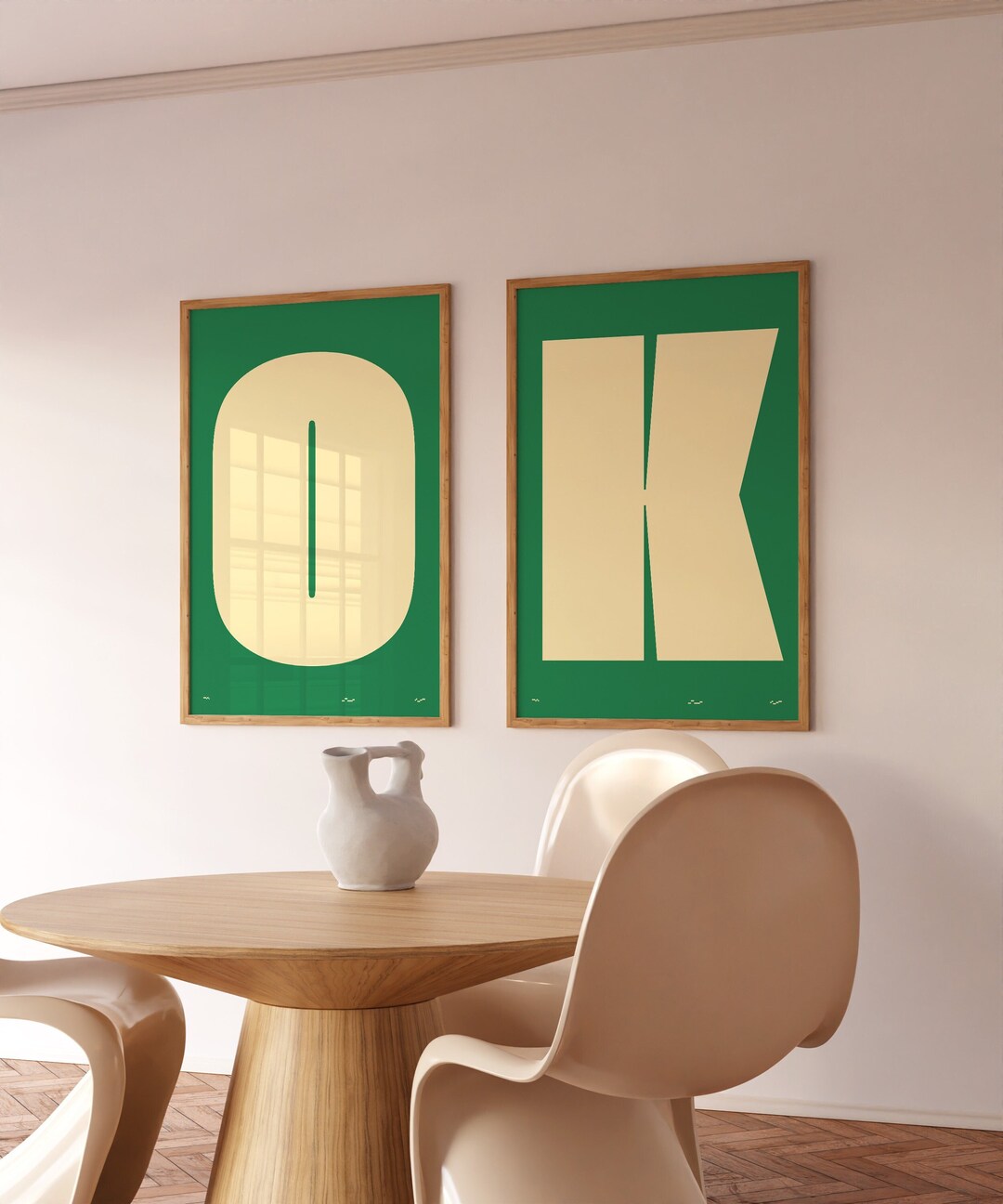 OK Typography Set of 2 Art Print, Green Trendy Retro Wall Art, Mid ...