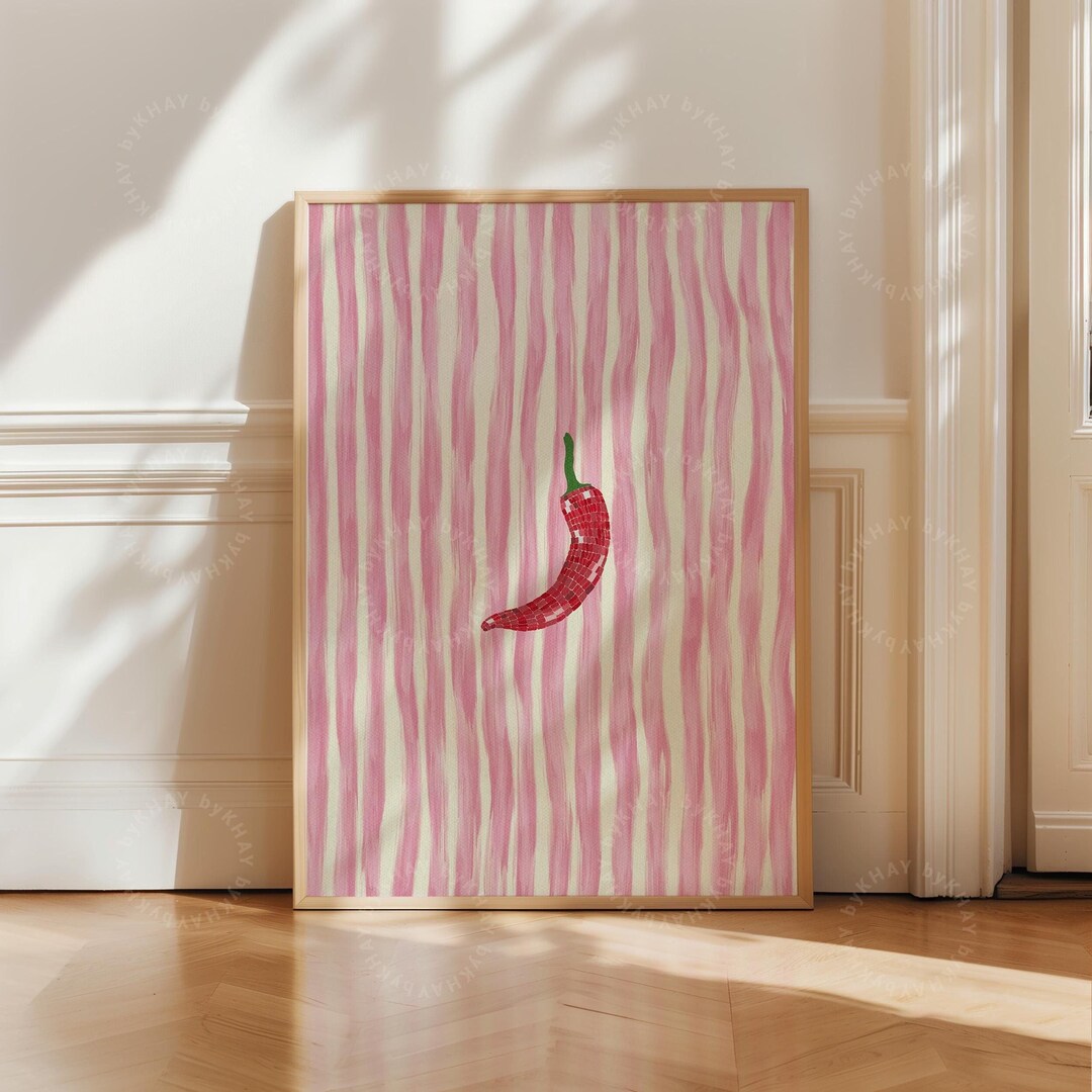 FRAMED Chilli Print, Kitchen Stripe Wall Art, Disco Ball Chili Pepper ...