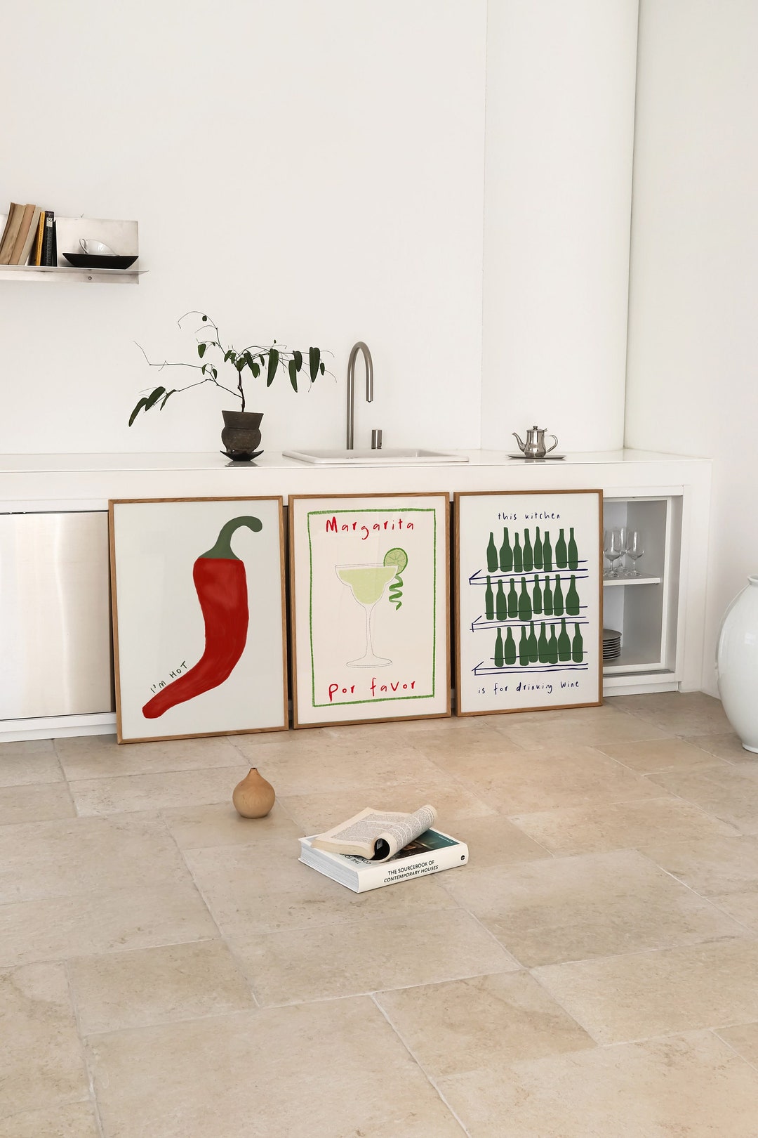 Kitchen Bar Print Set of 3, Chilli Art Trendy Retro Bar Art, Margarita Print Wine Alcohol Print ...