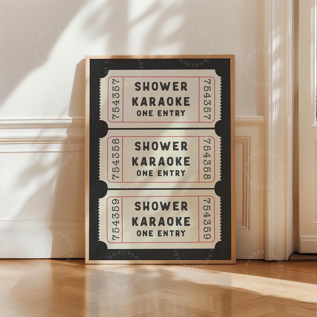 FRAMED Shower Karaoke Ticket Print Bathroom Retro Black Cream Aesthetic ...