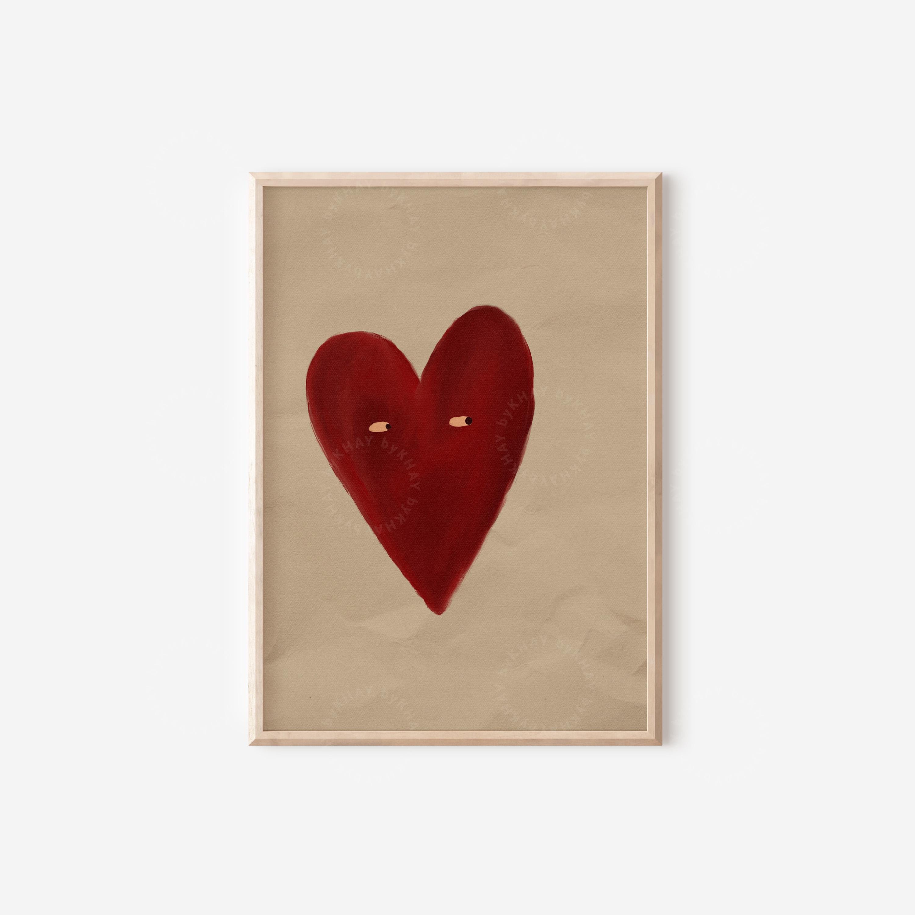 Love Heart Print, BROWN Red Vintage Style Painted Wall Art, Trendy ...