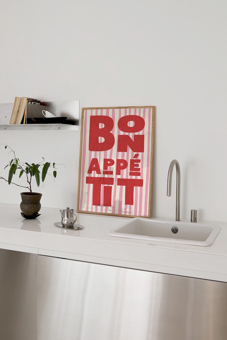 Bon Appetit Print Kitchen Wall Art Pink Red Stripe Trendy French Quote ...